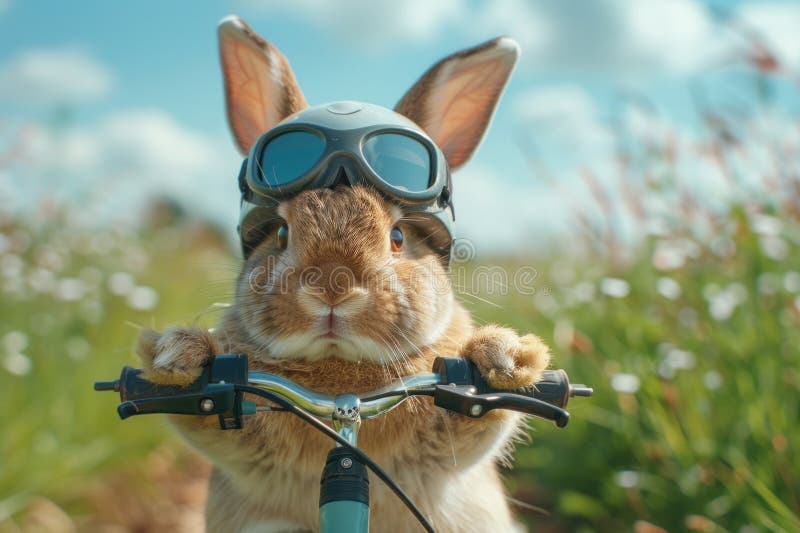A Rabbit is Riding a Bicycle with a Helmet on Stock Photo - Image of ...