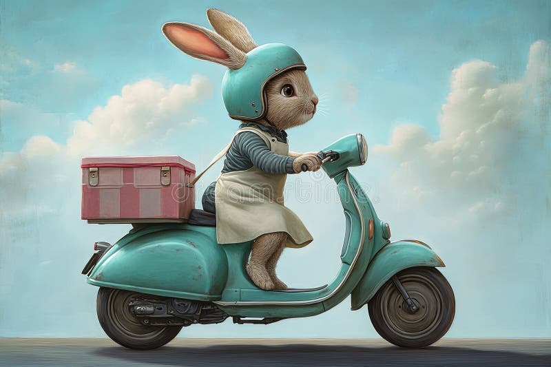 A Rabbit is Riding a Scooter with a Pink Box on the Back. Quality ...