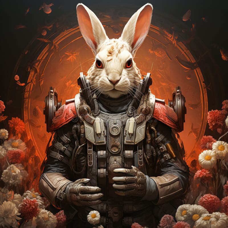 Rabbit in Robotic Suit Surrounded by Flowers AI Generated Stock ...