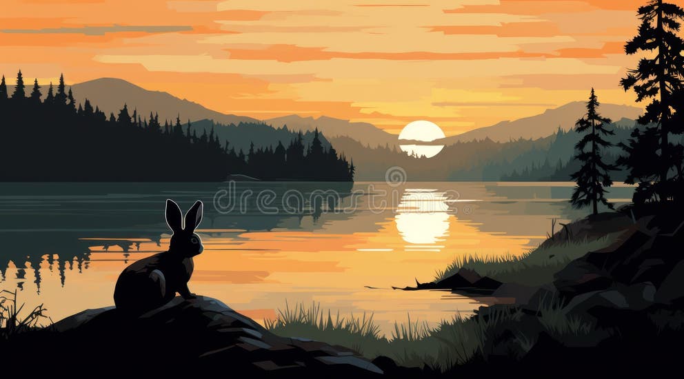 A Rabbit on a Rock by a Lake Stock Illustration - Illustration of ...
