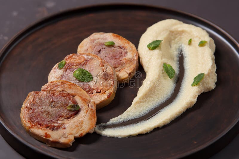 Rabbit Roulade with Mashed Potatoes Stock Photo - Image of dish ...