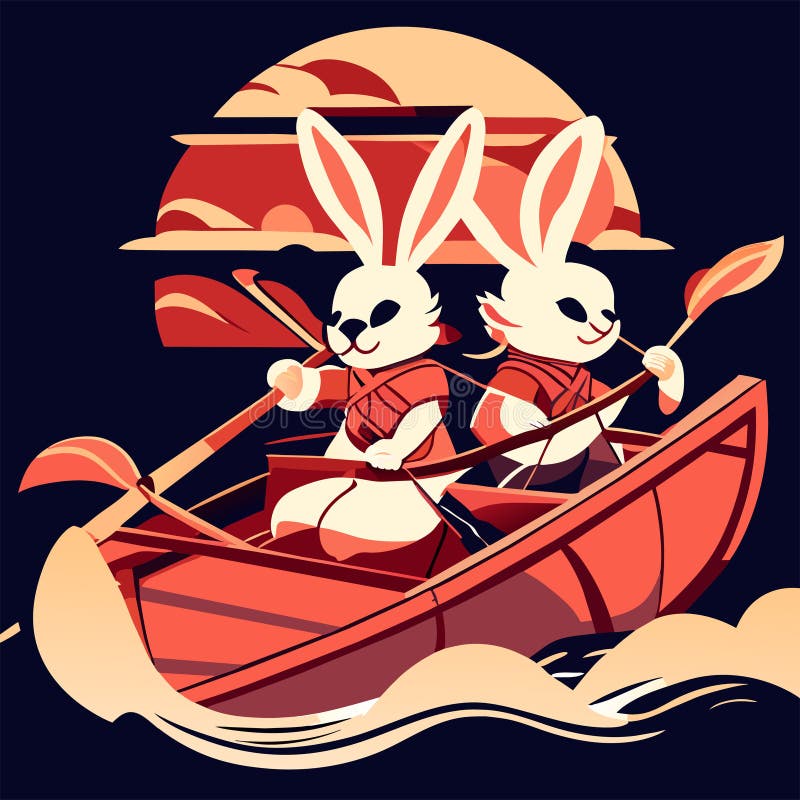 Rabbit Rowing in a Boat, Vector Cartoon Illustration Isolated on Dark ...