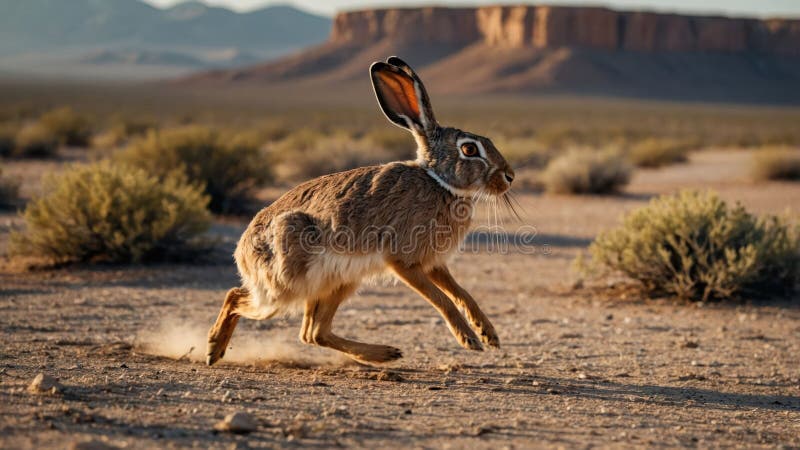 A Rabbit Running Across a Desert Landscape with Mountains in the ...