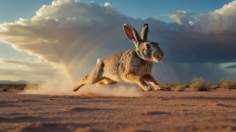 Desert Hare Leaping with Rainbow Background: Majestic Wildlife Scene ...