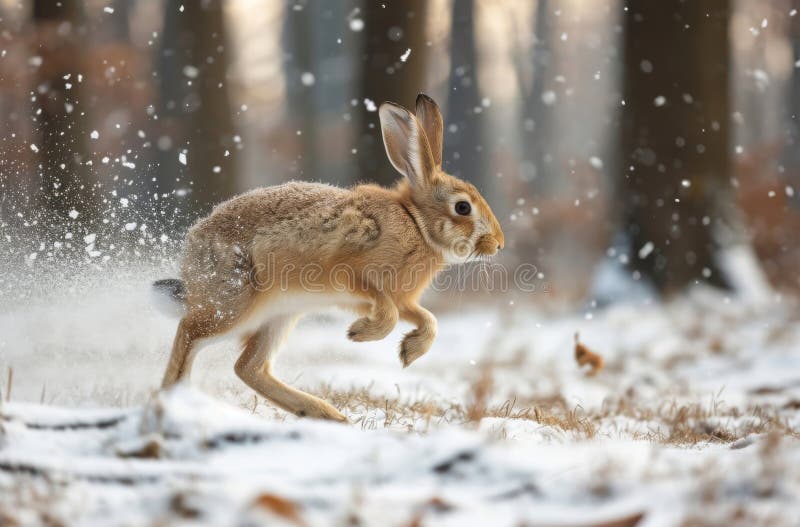 Rabbit Running through Snow in Forest Stock Photo - Image of season ...