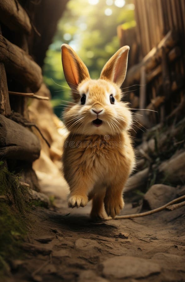 A Rabbit Runs Along a Path in the Forest Stock Image - Image of fauna ...