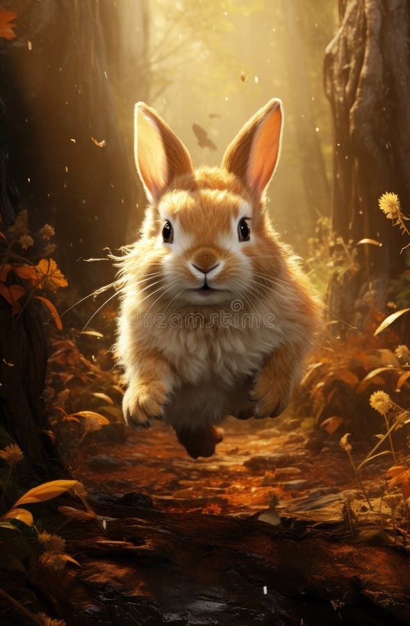 A Rabbit Runs Along a Path in the Forest Stock Photo - Image of animal ...