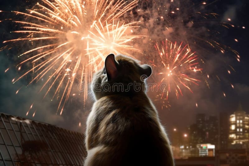 Rabbit S Curious Gaze at Bursting Fireworks. AI Stock Illustration ...