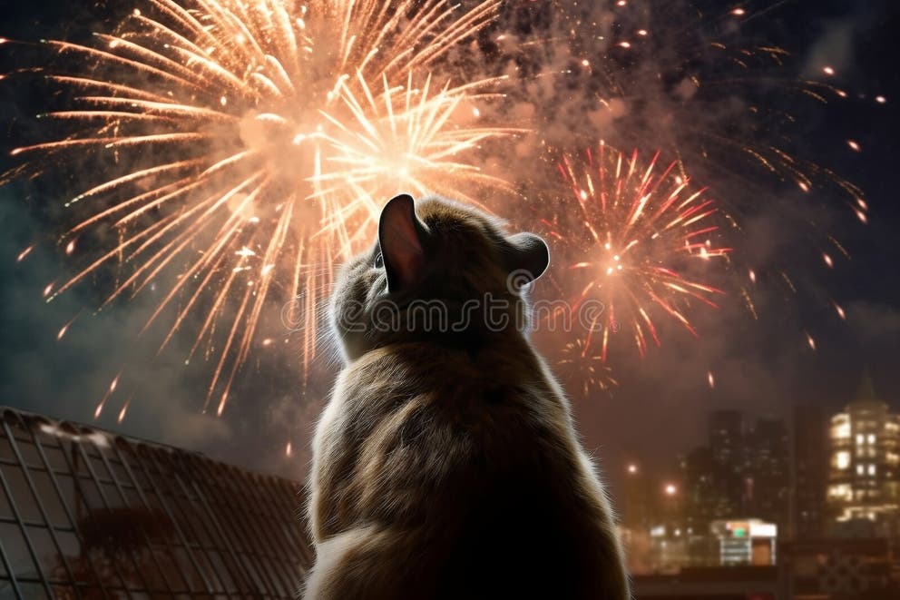 Rabbit S Curious Gaze at Bursting Fireworks. AI Stock Illustration ...