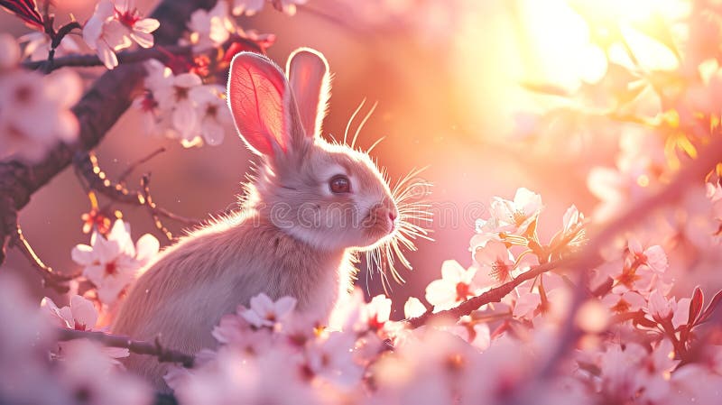 Rabbit among Sakura Flowers at Dawn Stock Illustration - Illustration ...