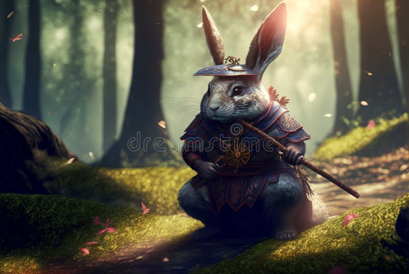 Rabbit Samurai in Traditional Drawing Style. Japanese Styled Art with ...