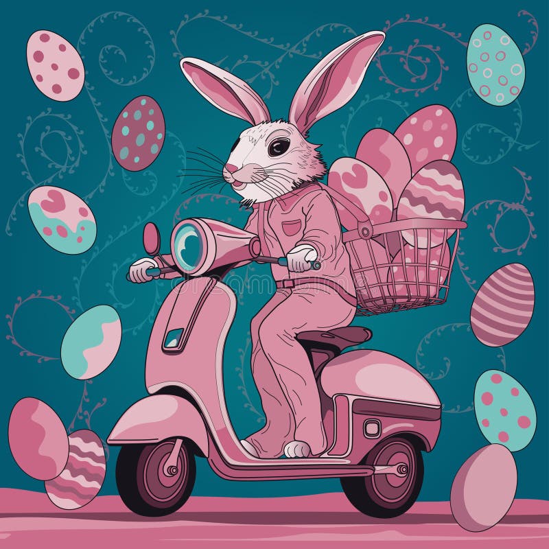 Cartoon Easter Bunny Riding Pink Scooter with Easter Eggs in a Basket ...
