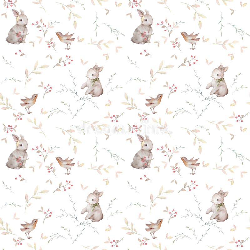 Robin Bird Watercolor Pattern, Wild Floral Seamless Pattern, Gray ...