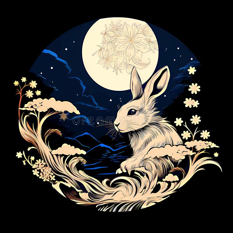 Rabbit shadow on blue moon stock illustration. Illustration of drawing ...