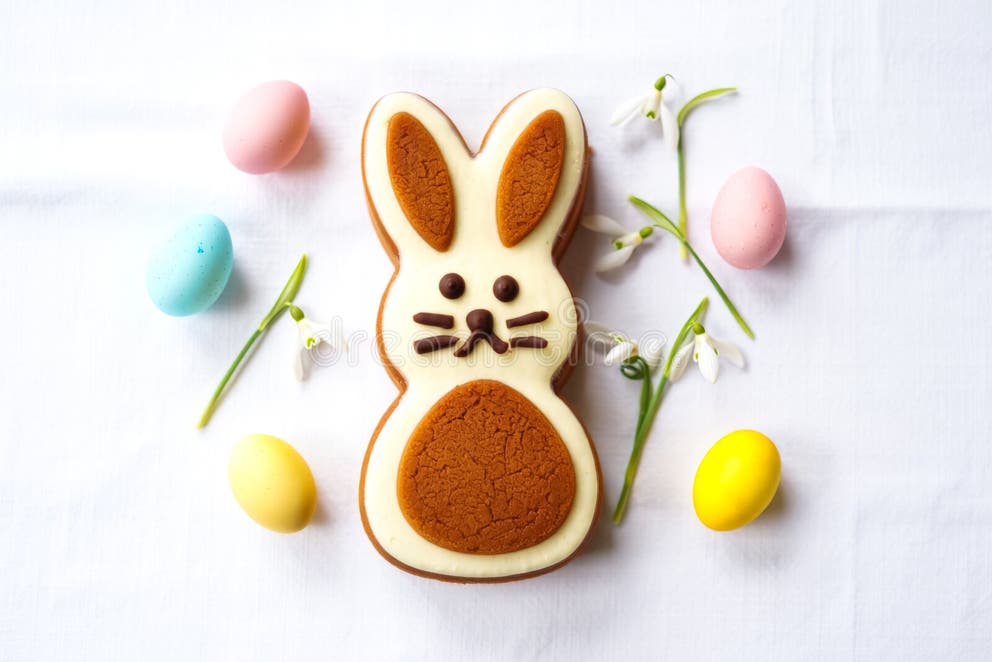 Rabbit Shaped Cake with Eggs and Flowers on a White Table Stock Photo ...