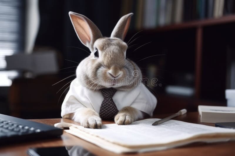 A Rabbit in a Shirt and Tie Sits at a Desk in Front of a Calculator ...