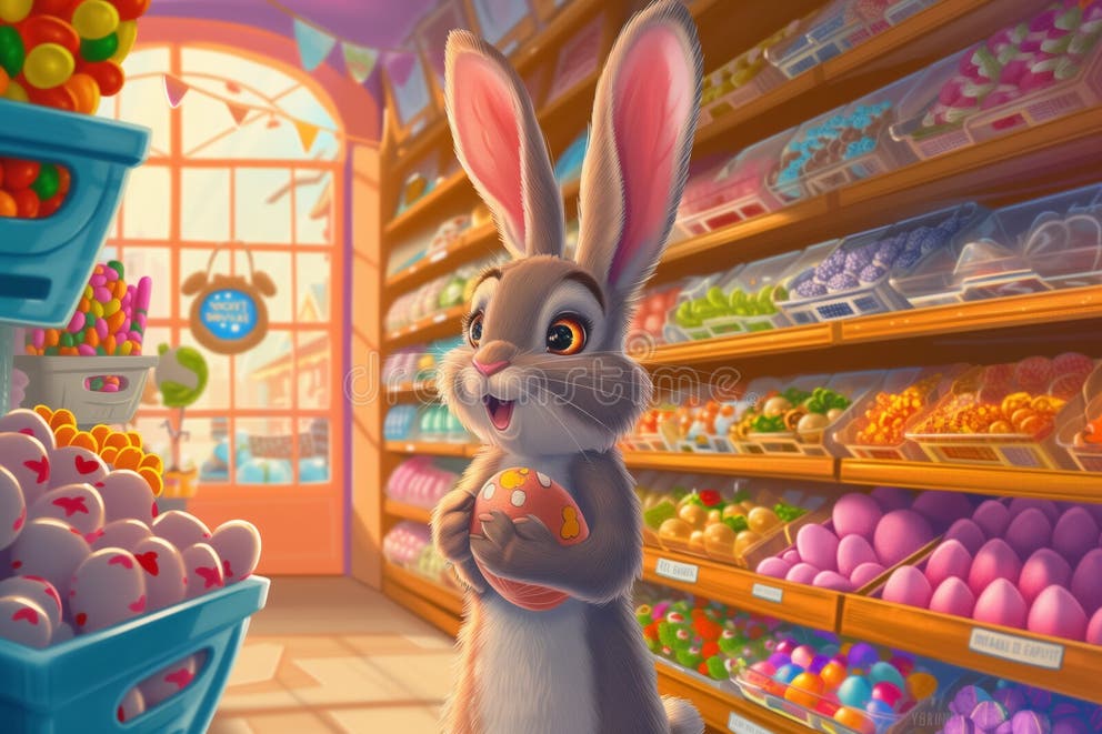 Rabbit Shopping for Easter Sweets and Eggs. Easter Cartoon Character ...