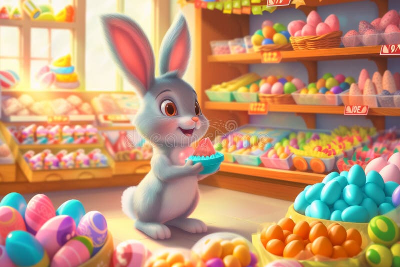 Rabbit Shopping for Easter Sweets and Eggs. Easter Cartoon Character ...