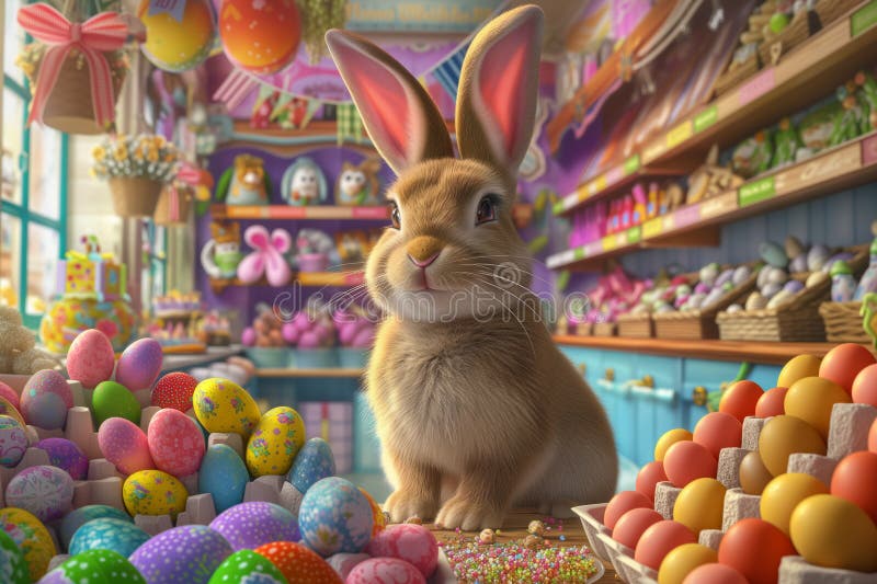 Rabbit Shopping for Easter Sweets and Eggs. Easter Cartoon Character ...