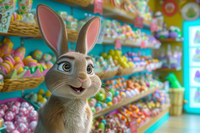 Rabbit Shopping for Easter Sweets and Eggs. Easter Cartoon Character ...