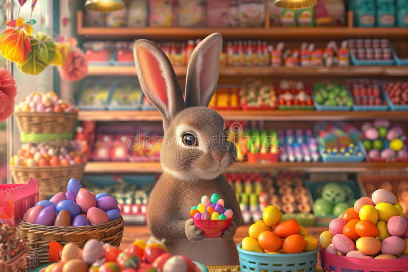 Rabbit Shopping for Easter Sweets and Eggs. Easter Cartoon Character ...
