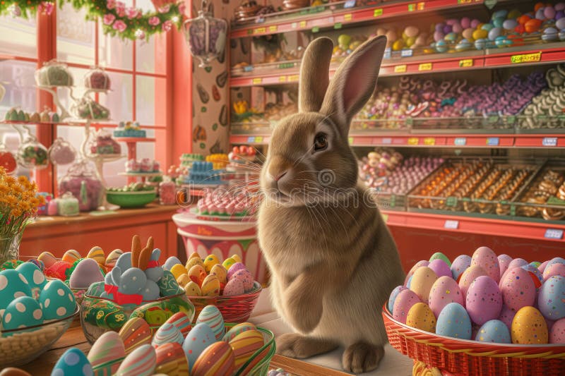 Rabbit Shopping for Easter Sweets and Eggs. Easter Cartoon Character ...