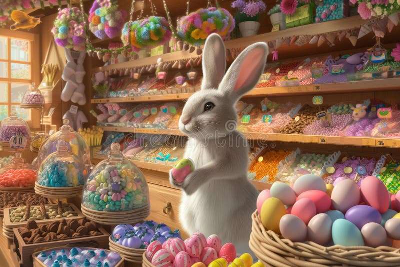 Rabbit Shopping for Easter Sweets and Eggs. Easter Cartoon Character ...