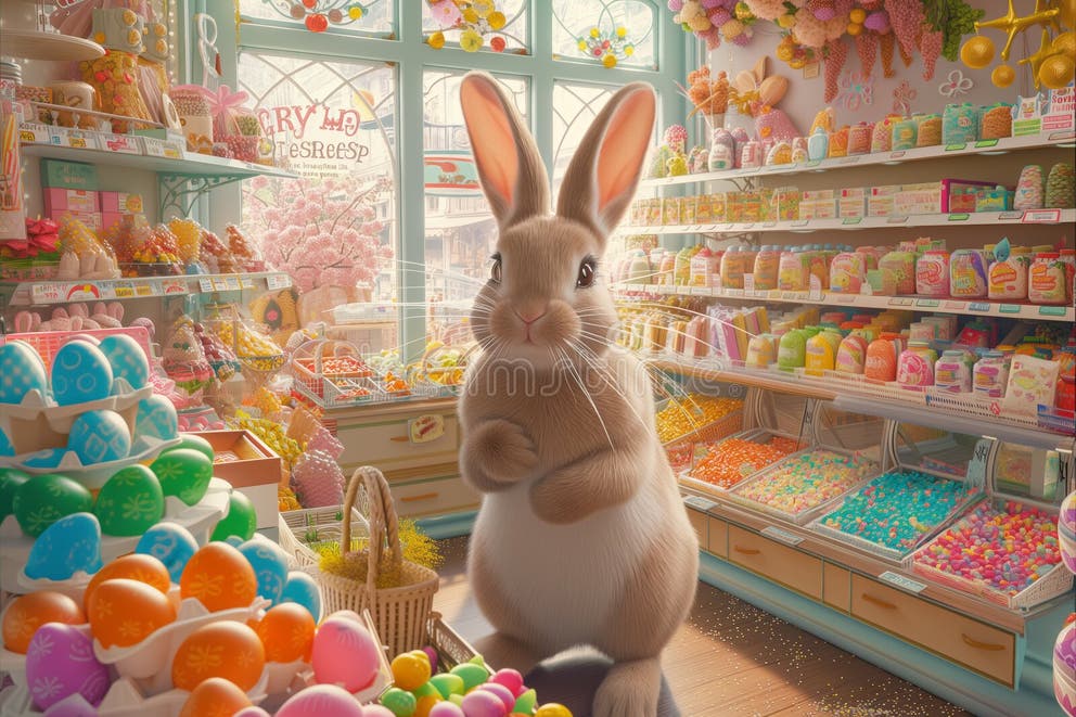 Rabbit Shopping for Easter Sweets and Eggs. Easter Cartoon Character ...