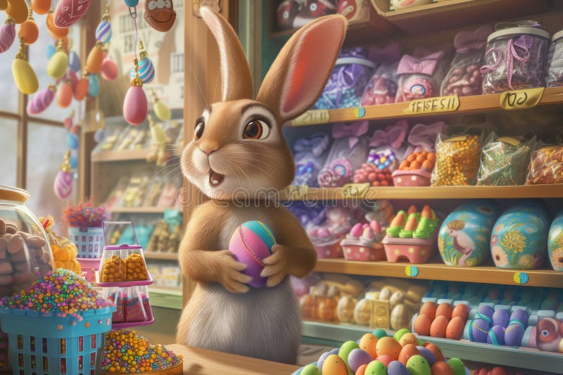 Rabbit Shopping for Easter Sweets and Eggs. Easter Cartoon Character ...