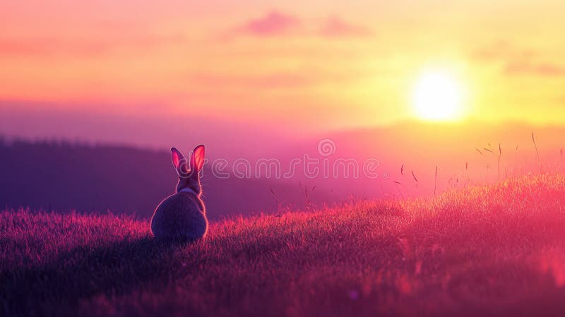 Rabbit Silhouette Against Sunset, Tranquil Easter-themed Landscape ...