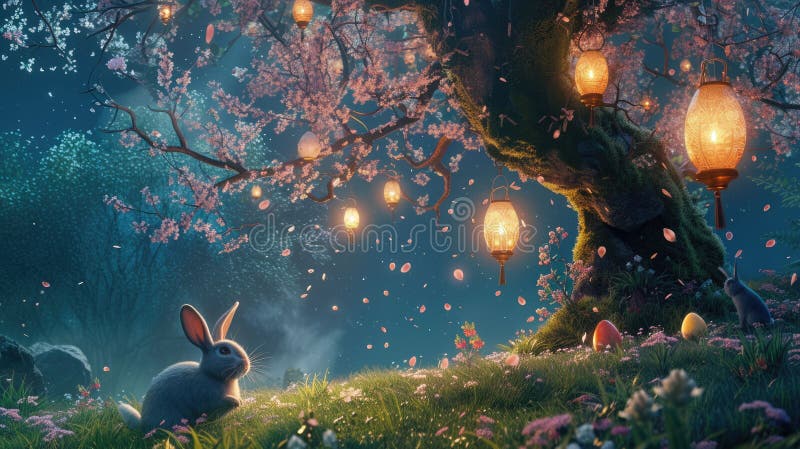 A Rabbit Sits Beneath a Cherry Blossom Tree in a Nocturnal Natural ...