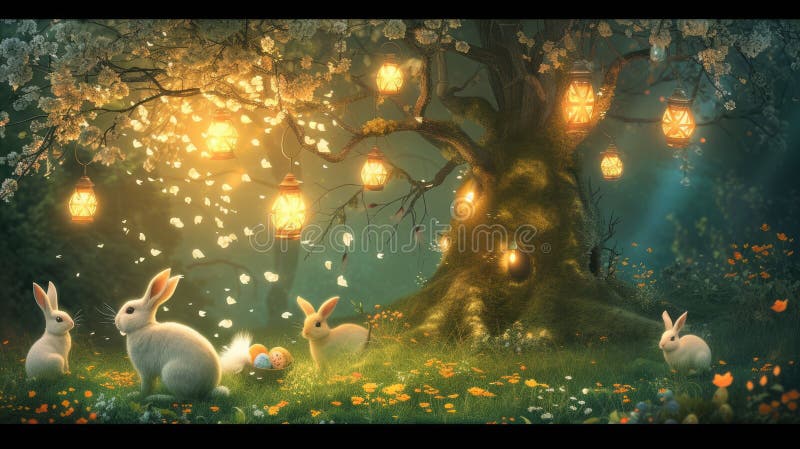 A Rabbit Sits Beneath a Cherry Blossom Tree in a Nocturnal Natural ...