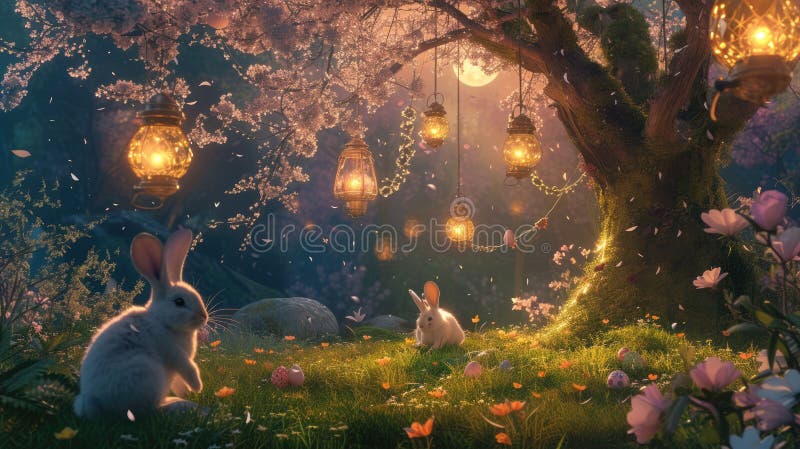 A Rabbit Sits Beneath a Cherry Blossom Tree in a Nocturnal Natural ...