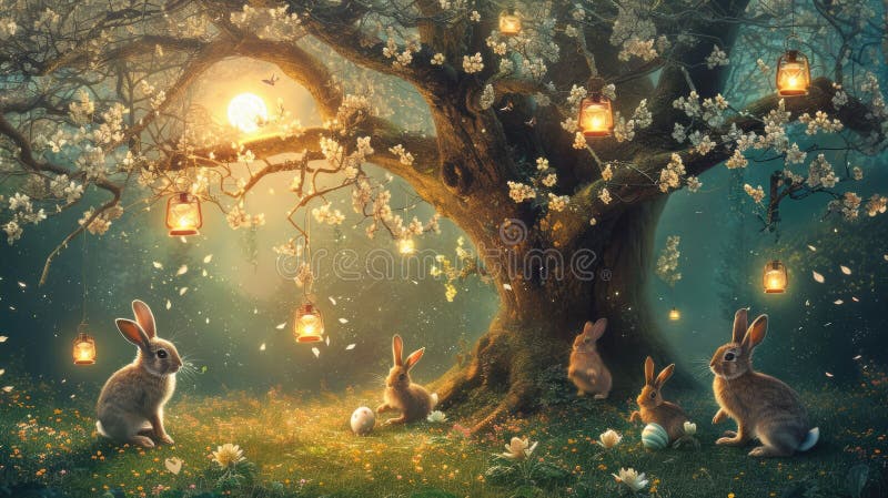 A Rabbit Sits Beneath a Cherry Blossom Tree in a Nocturnal Natural ...