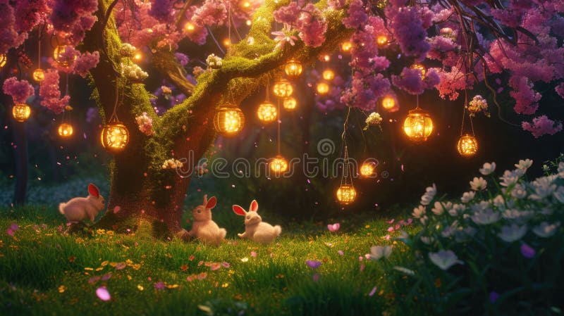 A Rabbit Sits Beneath a Cherry Blossom Tree in a Nocturnal Natural ...