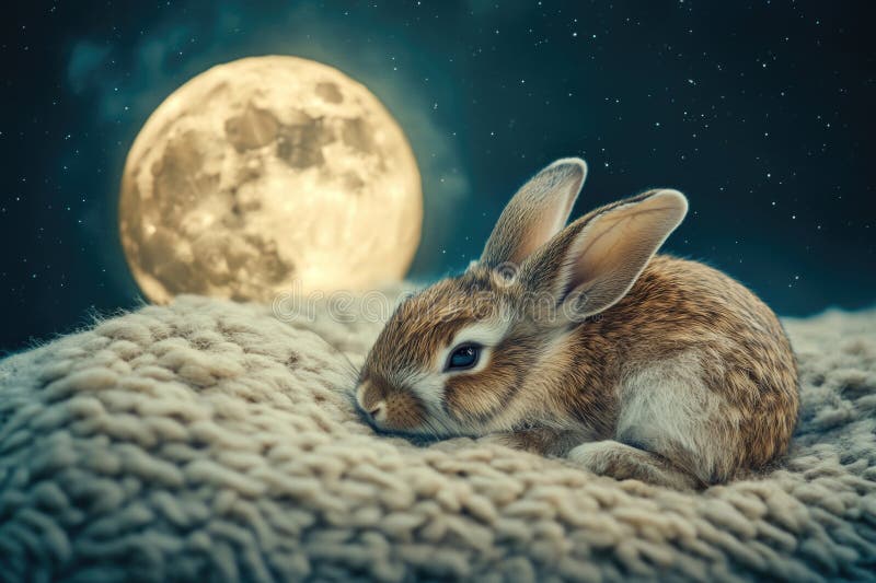 A Rabbit Sits on a Blanket, Gazing Up at the Full Moon Stock Image ...
