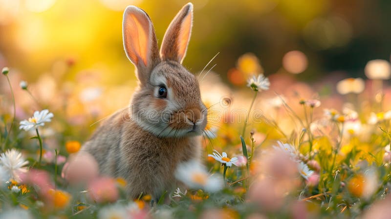 A Rabbit Sits on a Blooming Meadow among Chamomile Flowers Stock ...