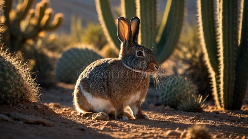 A Rabbit Sits in a Desert Landscape, Surrounded by Cacti and Natural ...