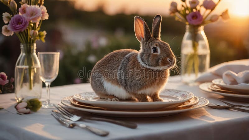 Adorable Bunny Rabbit Sitting on Plates at Outdoor Dinner Table Setting ...