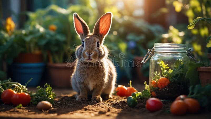 Adorable Bunny in a Vegetable Garden at Sunset Stock Illustration ...