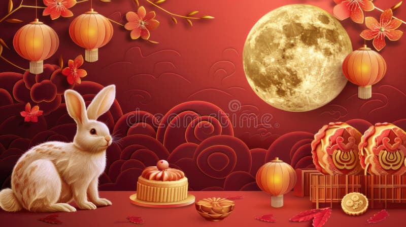 A Rabbit Sits in Front of a Cake Under the Light of a Full Moon Stock ...