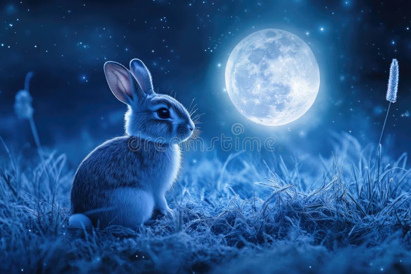 A Rabbit Sits in the Grass Under a Bright Full Moon Stock Photo - Image ...