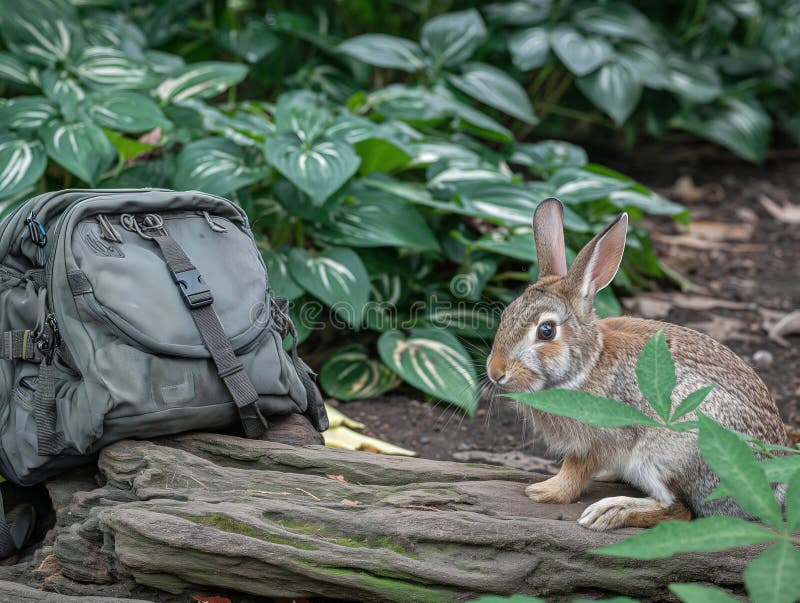 Rabbit Next To Backpack in Lush Greenery Stock Photo - Image of fauna ...