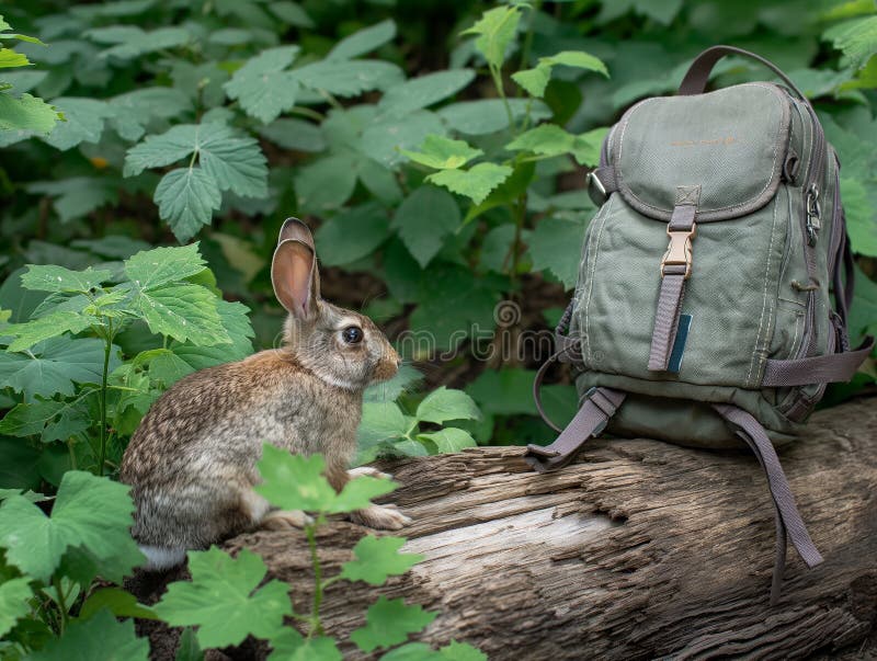 Rabbit and Backpack on a Log in the Forest Stock Image - Image of ...