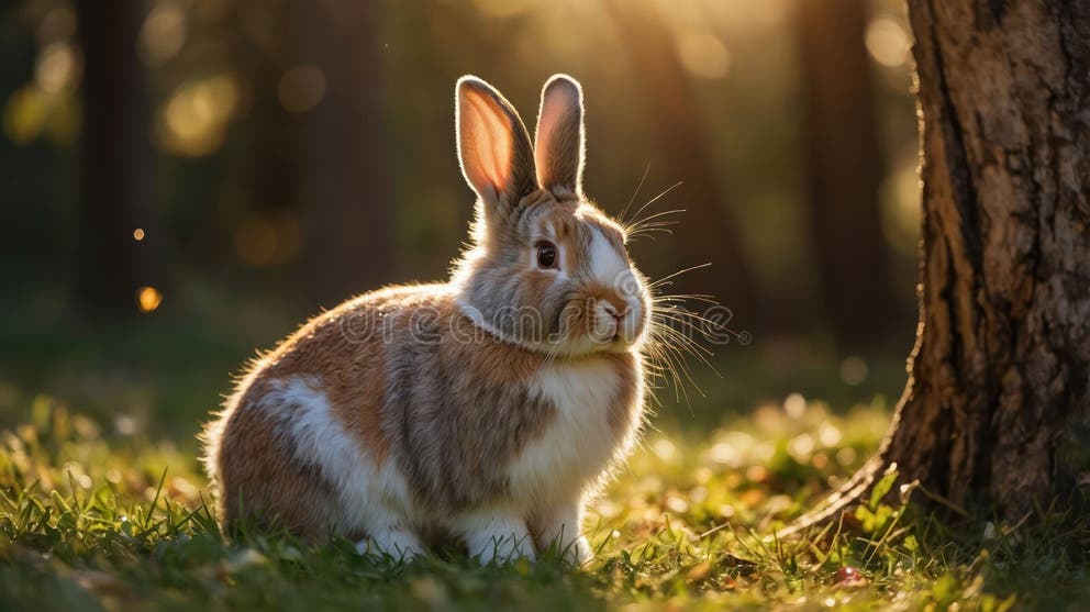 Adorable Tricolor Rabbit in Golden Hour Sunlight Stock Illustration ...
