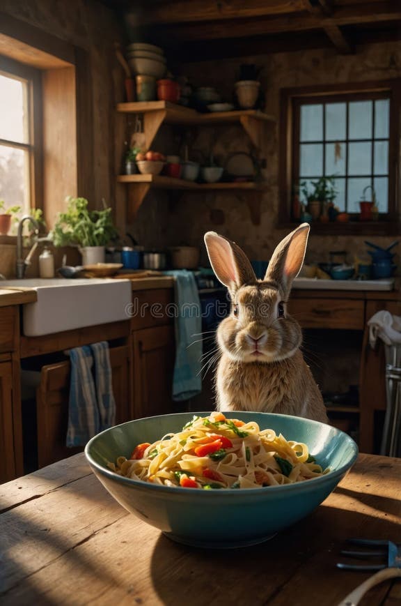 Adorable Bunny Rabbit Enjoying Pasta in Rustic Kitchen Stock ...