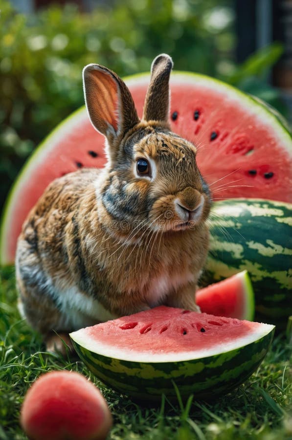 Adorable Brown Rabbit Enjoying Summer Watermelon Stock Illustration ...
