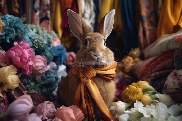 A Rabbit Sitting Amidst an Array of Silk Scarves Stock Illustration ...