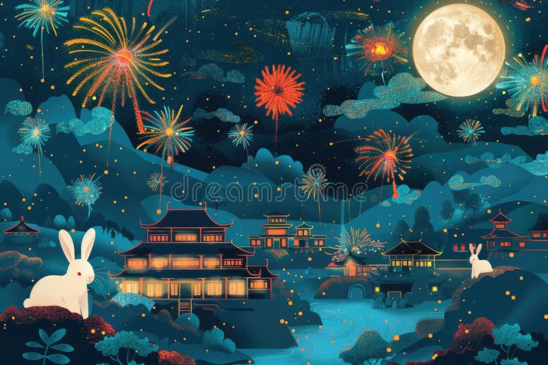 A Rabbit Sitting Amidst Fireworks on a Dark Night, Perfect for Use in ...