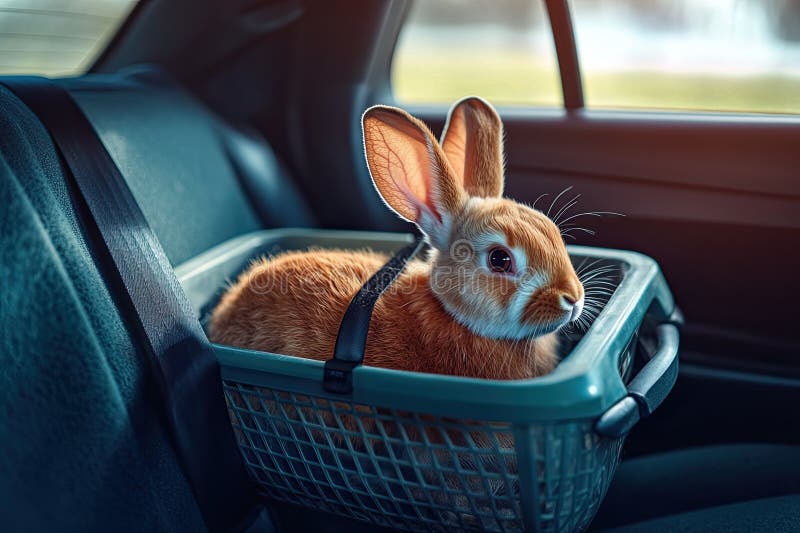 A Rabbit is Sitting in a Basket in a Car Stock Image - Image of ...